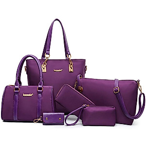 FiveloveTwo Women 6Pcs Handbag Set Nylon Top Handle Bag Totes Satchels Crossbody Shoulder Bags and Purse Clutch