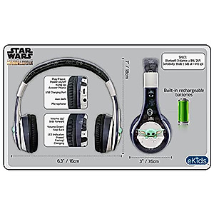 Star Wars The Child Kids Bluetooth Headphones, Wireless Headphones with Microphone Includes Aux Cord, Volume Reduced Kids Foldable Headphones for School, Home, or Travel