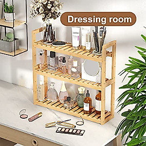 FILWH Bathroom Shelf Bamboo Organizer Rack Adjustable 3-Tier Storage Shelf Wall Mounted Storage Rack Over The Toilet Utility Shelves Living Room Kitchen Shelf(Natural)