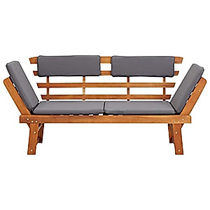 FAMIROSA Outdoor Bench 2-in-1 Convertible Day Bed with Cushion Both Side Adjustable Acacia Wood Garden Bench for Backyard, Balcony, Lawn, Poolside Furniture