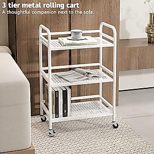 HDANI 3 Tier Rolling Cart,Heavy Duty Multifunctional Metal Frame-Supports 22 Lbs Per Tier,Rolling Cart with 2 Lockable Wheels for Office,Home,Bedroom,Kitchen,Bathroom (White)…