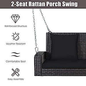Tangkula 2-Person Wicker Hanging Porch Swing, Patiojoy Outdoor Rattan Swing Bench W/ 2 Back Cushions & 1 Seat Cushion, Sturdy Steel Chain, 800lbs Weight Capacity, Suitable for Deck, Backyard, Garden