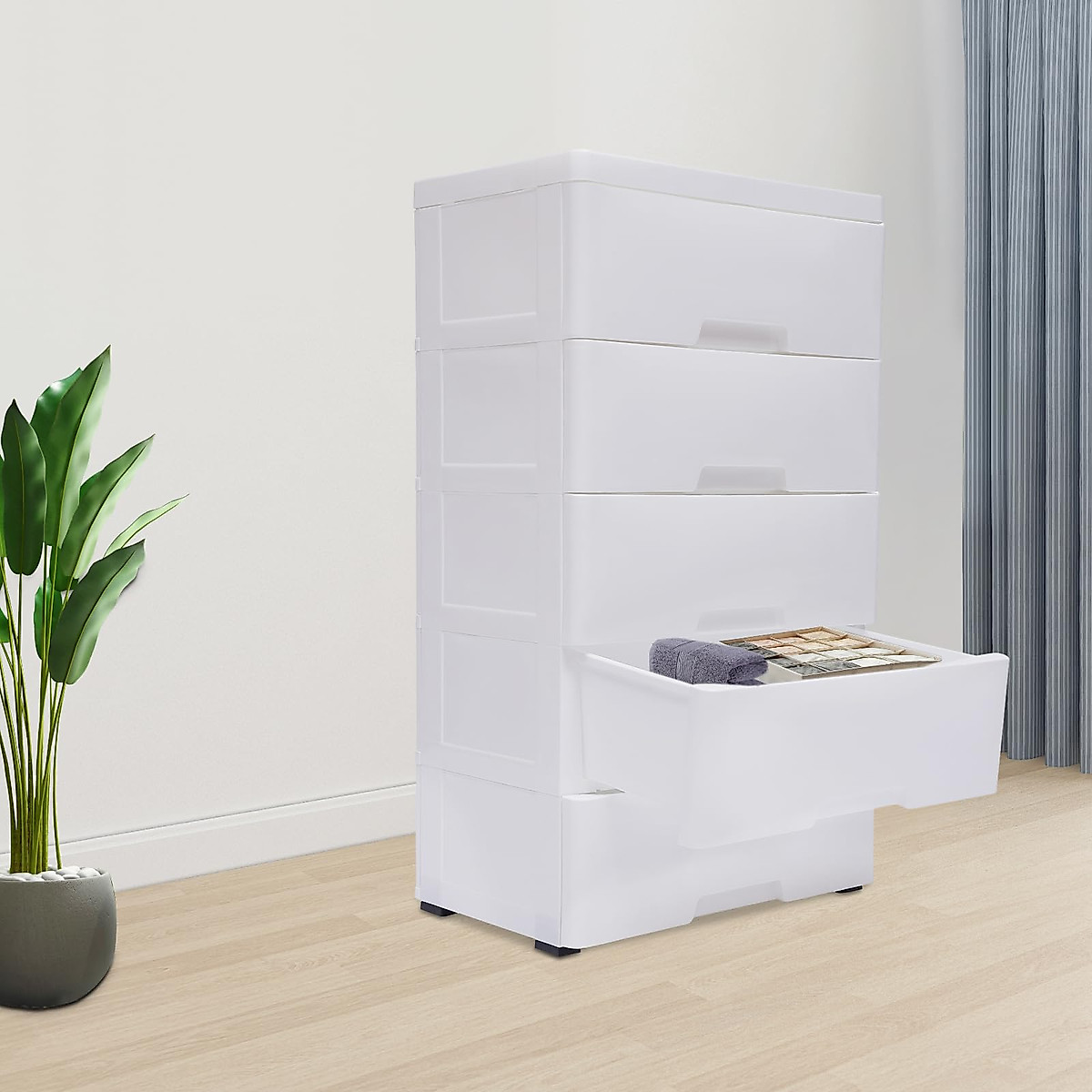 Fermoirper Storage Drawers 5 Drawer Storage Organizer 17.72 * 11.81 * 33.07in Plastic Drawers Stackable Clothes Drawer Plastic Dressers With Drawers Vertical Storage Tower（White）
