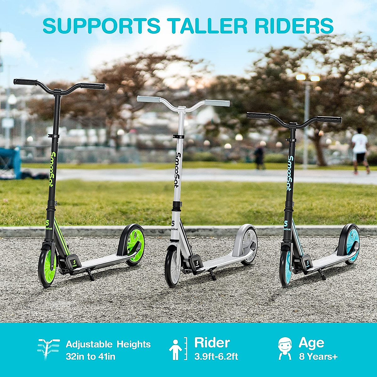 SmooSat S8 Kick Scooter for Kids Ages 8+, Teens & Adults, Super Smooth Ride, Up to 220 lbs, Adjustable Height, Ergonomic Y-Type Handlebar, Ideal Gift