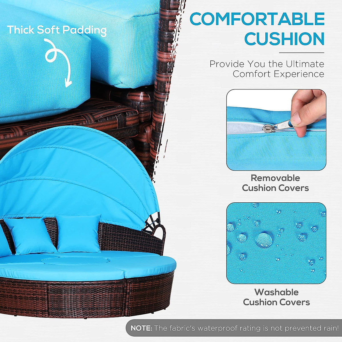 Outsunny 4-Piece Round Convertible Daybed with Cushions, Outdoor PE Rattan Patio Wicker Sofa Set, Sunbed with Adjustable Sun Canopy, Sectional Sofa, 2 Chairs, Table, 3 Pillows, Light Blue