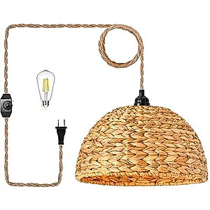 Plug in Pendant Light Rattan Hanging Lights with Plug in Cord Bamboo Hanging Lamp Dimmable,Woven Boho Wicker Basket Lamp Shade,Hemp rope Plug in Ceiling Light Fixture for Living Room Bedroom Kitchen