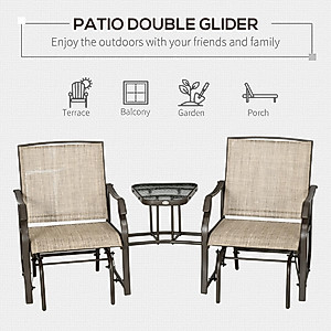 Outsunny Outdoor Glider Chairs with Coffee Table, Patio 2-Seat Rocking Chair Swing Loveseat with Breathable Sling for Backyard, Garden, and Porch, Light Brown