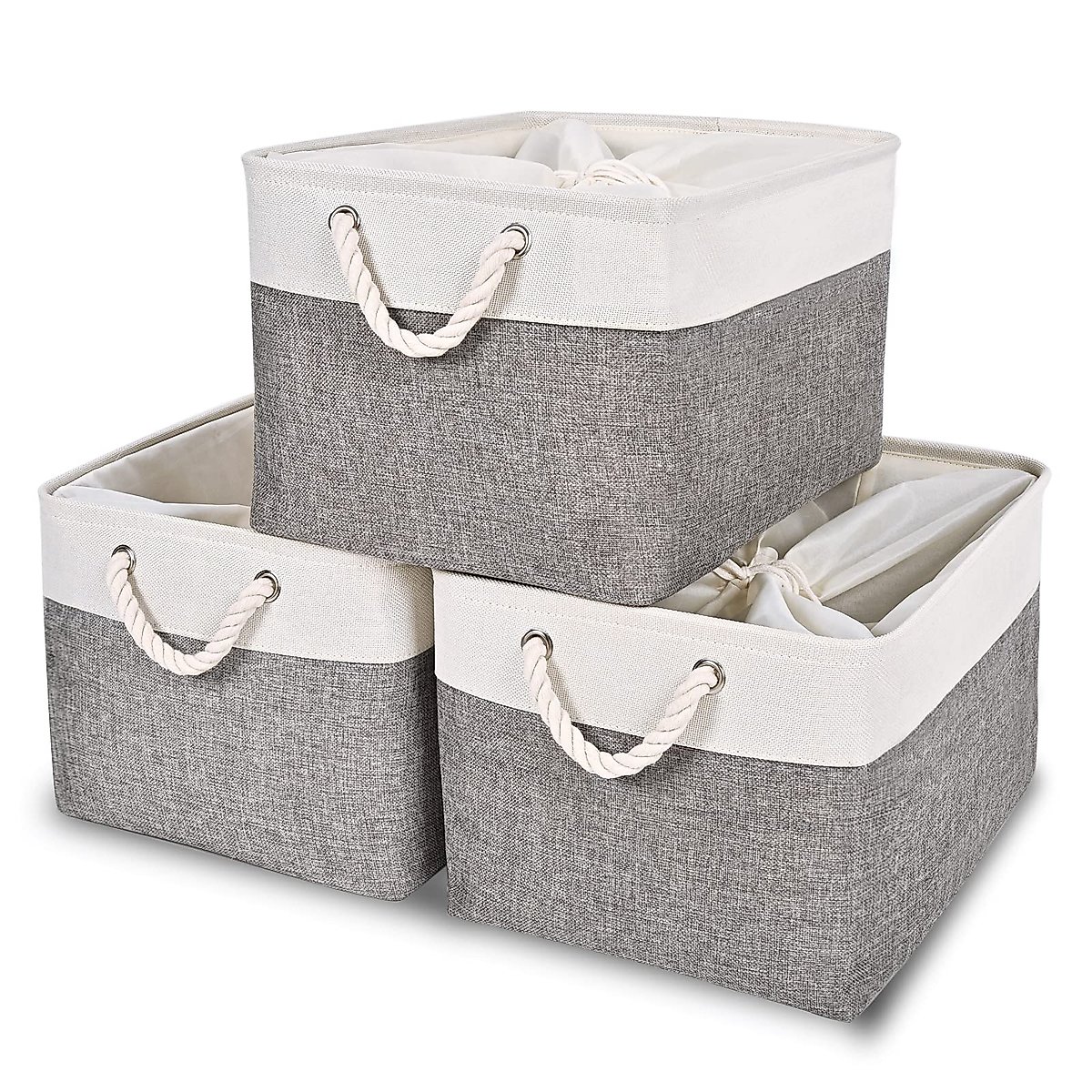 HOdo Home Fabric Storage Bin with Drawstring Closure and 2 Bold Handles, Collapsible Large Canvas Storage Baskets for Organizing Shelf Nursery Home Closet (White&Grey, 15.8L×11.8W×9.5H - 3Pack)