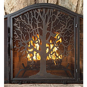 Plow & Hearth Metal Fireplace Screen Tree of Life Black | 38" W x 31" H | Flatguard | Spark Guard Grate | Iron Fire Place Cover | Wood Stove Accessories