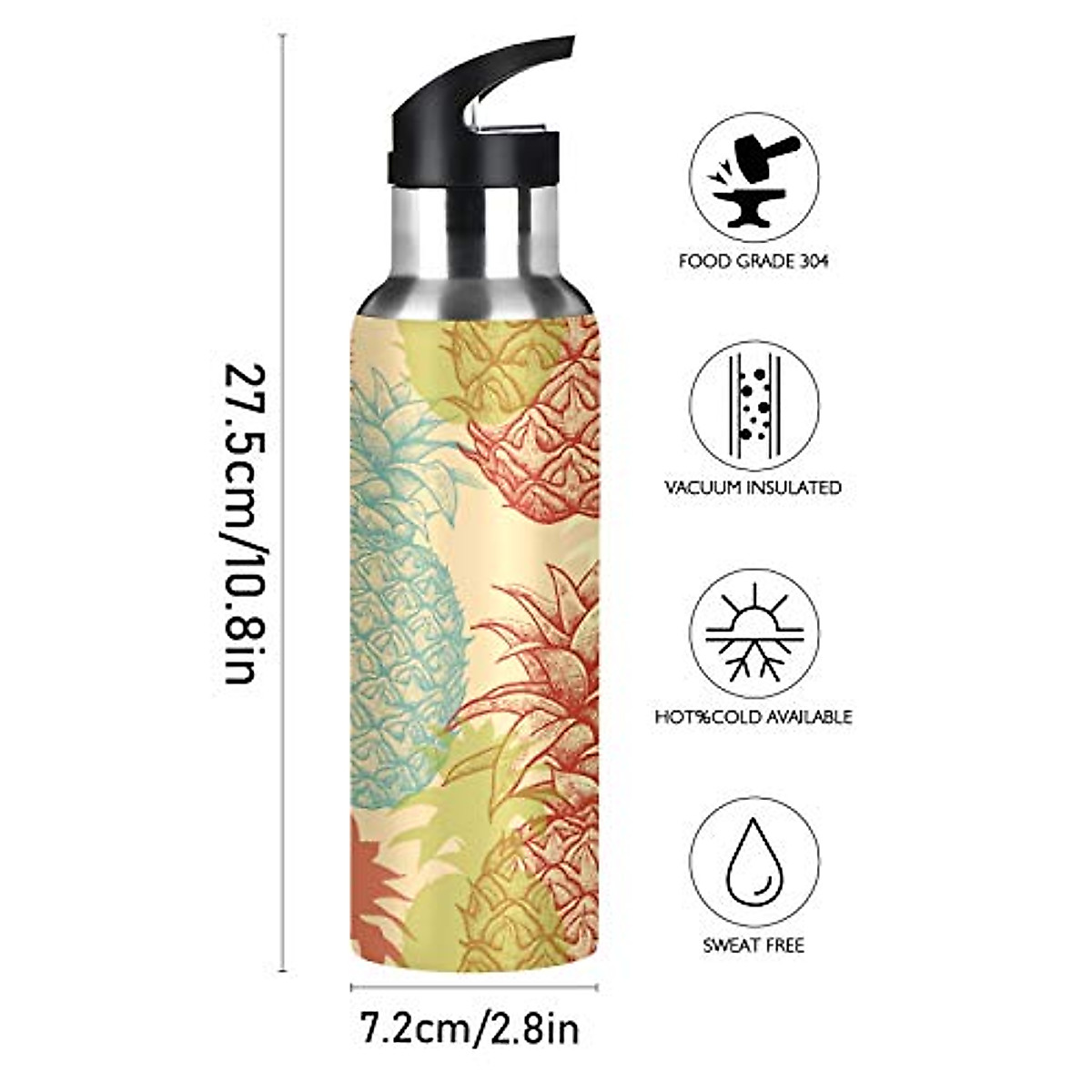 Qilmy Colorful Pineapple Water Bottle Vacuum Insulated Stainless Steel Water Bottles with Straw Lid Leakproof Wide Mouth Water Flask for Fitness Outdoor Sports, 20 oz