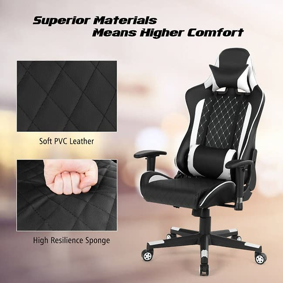 Ergonomic Gamer Desk Chair, High Back PC Computer Home Office Chair with Massage & 90°-180° Adjustable Tilt Back Height Adjustable Swivel PU Leather Executive Racing Computer Desk (Black+ White)