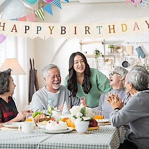 Doumeny Happy Birthday Burlap Banner Boho Birthday Garland Banner Bohemian Birthday Party Banner Rustic White Birthday Bunting Garland Rainbow Birthday Banner for Women Men Birthday Kid Photo Backdrop