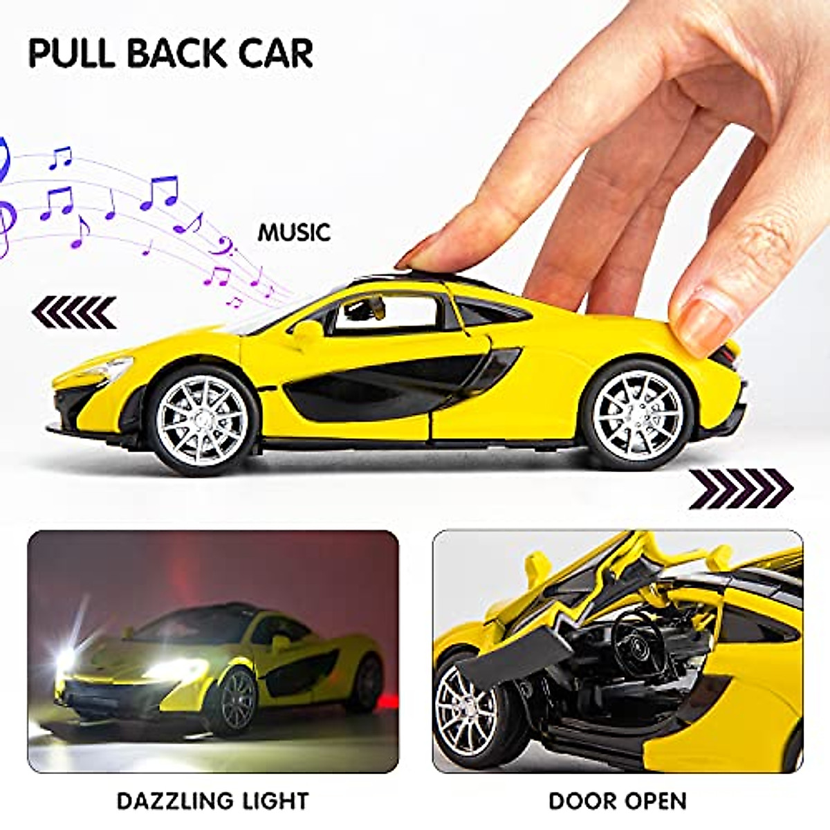 BDTCTK Compatible for 1:32 McLaren P1 Model Car, Zinc Alloy Pull Back Toy Car with Sound and Light for Kids Boy Girl Yellow