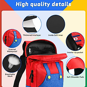 GLDRAM Theme for Mario Switch Travel Bag, Cute Carrying Bag for Nintendo Switch/OLED/Lite, Breathable Switch Crossbody Shoulder Backpack Accessories Bundle with 12 Slots Game Case Holder & Thumb Caps