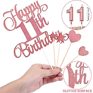 11th Birthday Cake Decorations Set Include 11th Birthday Candles Numeral 11 Cake Candles and Happy 11th Birthday Cake Toppers with Heart Star Cupcake Picks for Birthday Party (Rose Gold Series)