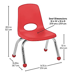 Factory Direct Partners 10355-RD 10" School Stack Chair, Stacking Student Seat with Chromed Steel Legs and Ball Glides for in-Home Learning or Classroom - Red (6-Pack)
