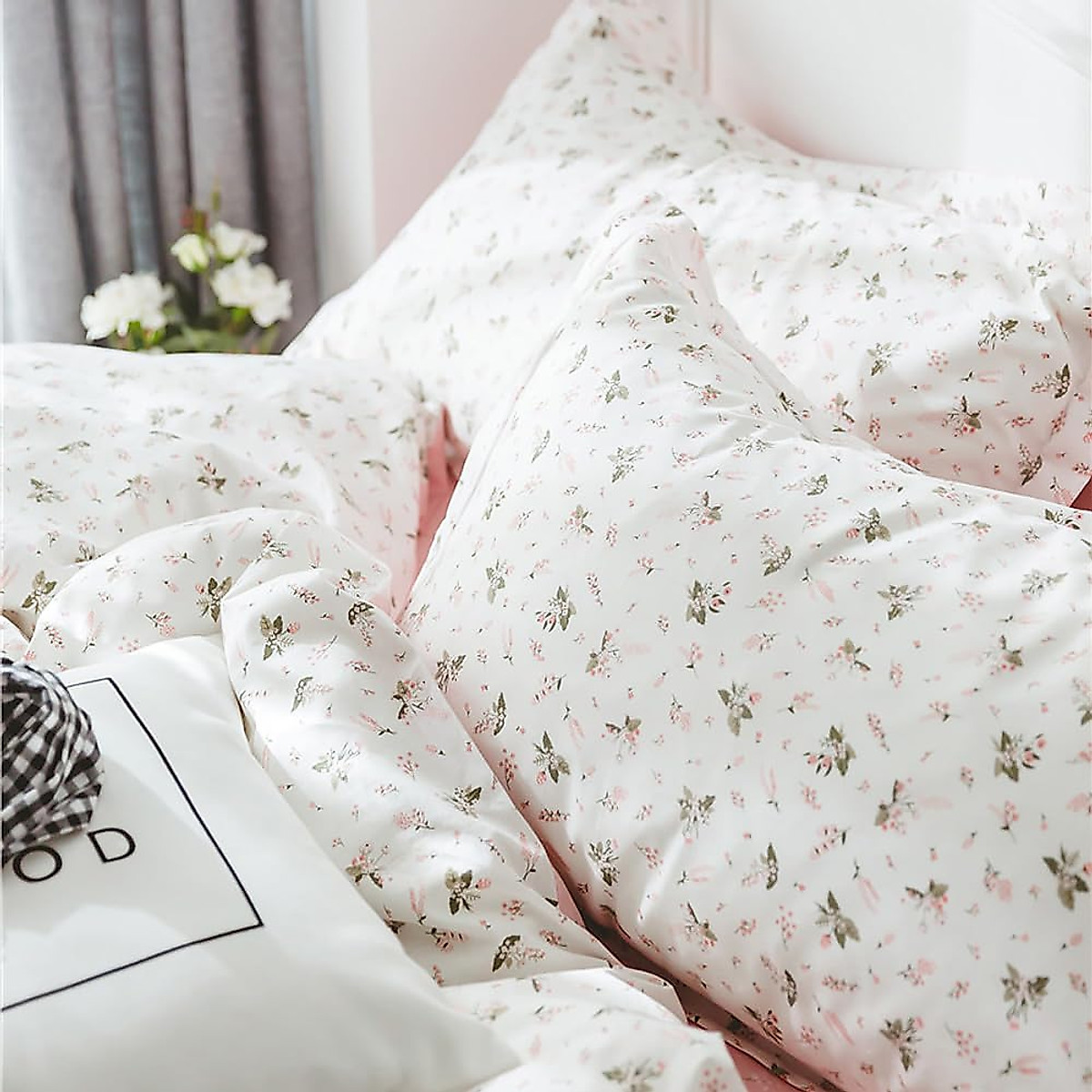 mixinni Girl Comforter Set Twin XL Pink White Flower Leaf Print Bedding Sets, Cute Floral Bedding Comforter Sets for All Seasons-(1 Comforter+2 Pillow Shams)-Twin XL Size