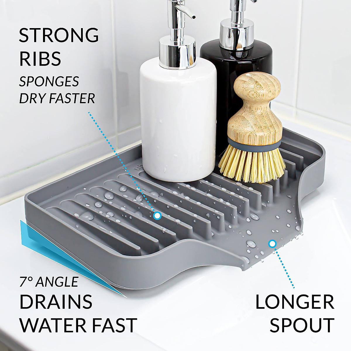 UHMER Silicone Sink Tray, Extra Large Self-Draining Sink Tray for Soap Bottles, Quick-Dry Silicone Sponge Holder for Kitchen Sink, Wide Lip Silicone Kitchen Sink Tray (Dark Gray)