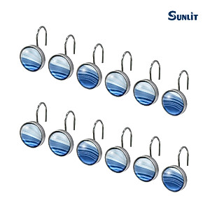 Sunlit Round Crystal Glass Decorative Shower Curtain Hooks, Rust Proof Oil Rubbed Metal Shower Curtain Rings-12 Pack, Gradient Blue