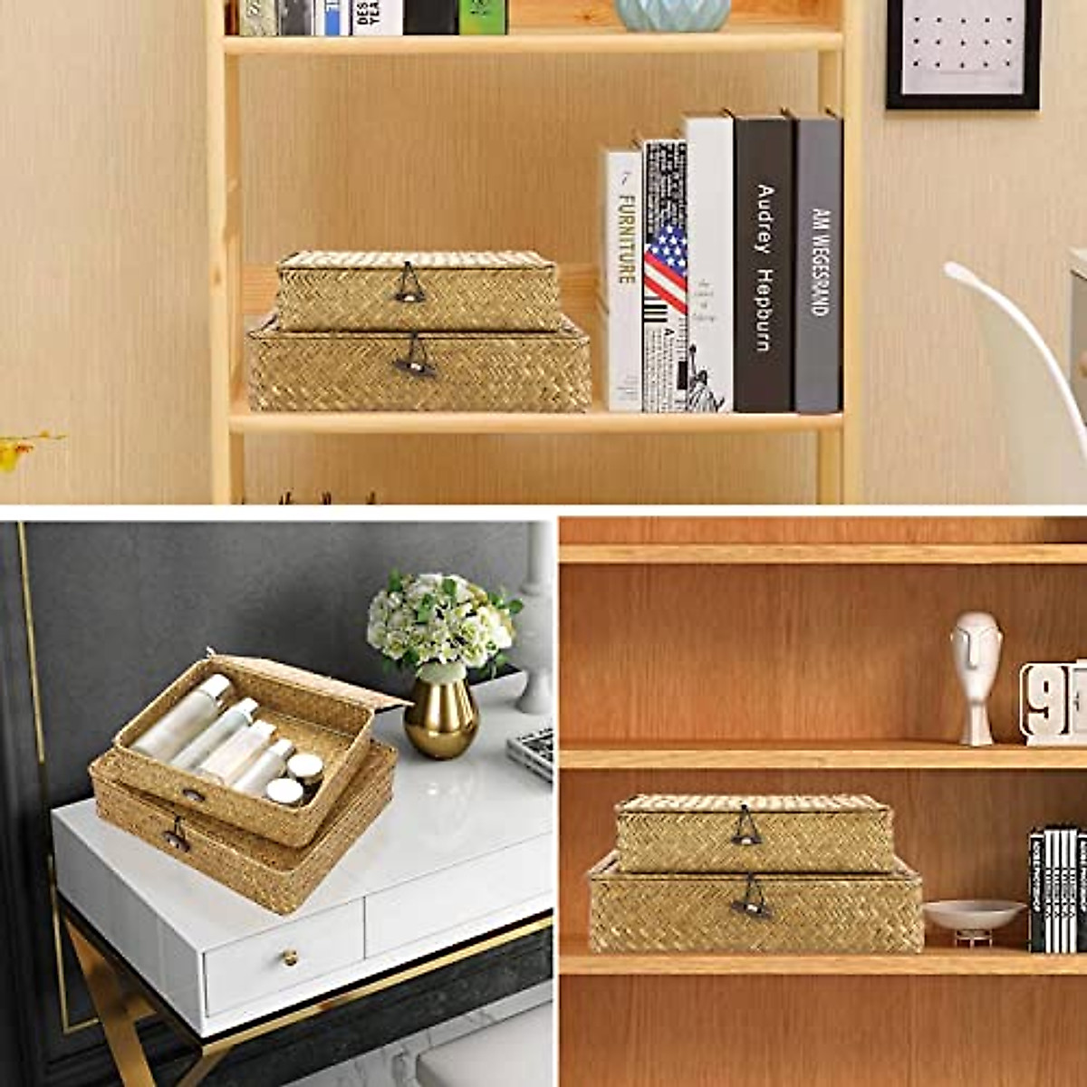 Hipiwe Set of 2 Flat Woven Wicker Storage Bins with Lid Natural Seagrass Basket Boxes Multipurpose Home Organizer Bins Boxes for Shelf Organizer, Caramel