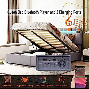 RIDFY Queen Size Bed Frame with LED Light Headboard, Modern Upholstered Bedframe with Bluetooth Player, USB Charging and Hydraulic Storage, Heavy Duty Platform Camas, Multifunctional (Gray)