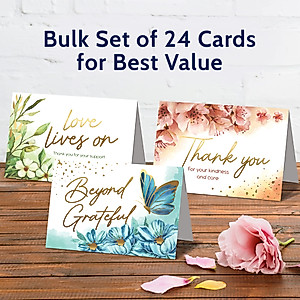 T MARIE 24 Gold Foil Funeral Thank You Cards With Message Inside - 4.5 x 6.25” Floral Bulk Sympathy Flower Thank You Cards with Words Inside - Bereavement Thank You Notes With Envelopes