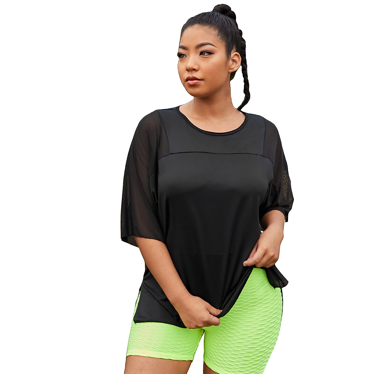 MakeMeChic Women's Plus Size Athletic Shirts Casual Letter Graphic Short Sleeve Round Neck Split Workout Sports Tee Tops Black B 4XL
