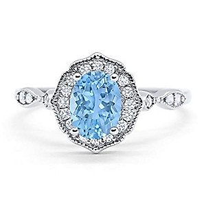 Blue Apple Co. Simulated Aquamarine Cubic Zirconia Size-5 Art Deco Antique Style Wedding Engagement Ring Oval Round Simulated Cubic Zirconia 925 Sterling Silver