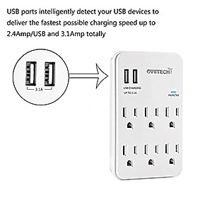 6 Outlet Extender Surge Protector Wall Mount Adapter with Dual 3.1A USB Charging Ports,Oviitech Multi Plug Outlets,6 AC Socket Outlet Splitter,450 Joules Surge Suppression,White, ETL Certified（2 Pack）