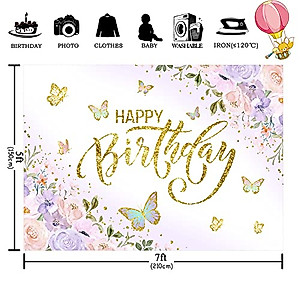 Homewelle Purple Pink Floral Butterfly Happy Birthday Backdrop for Girls 7Wx5H Feet Polyester Fabric Blush Peach Lilac Flowers Gold Birthday Party Decoration Photography Background Photo Shoot Prop