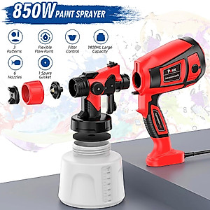 Pokk Paint Sprayer, 850W HVLP Electric Spray Paint Gun, 6 Copper Nozzles and 3 Spray Patterns, Easy to Clean, Paint Sprayers for Home Interior and Exterior, Cabinets, Furniture,Fence, Walls Etc.