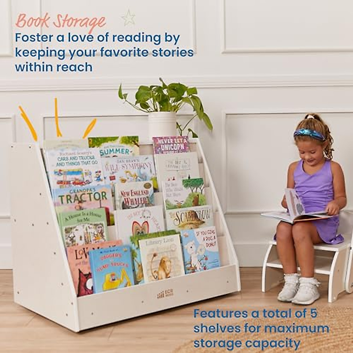ECR4Kids Double-Sided Mobile Book Display with Storage, Classroom Bookshelf, White Wash