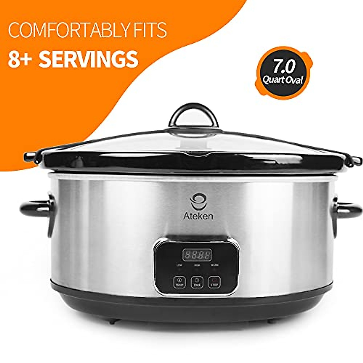 Ateken Slow Cooker 7 Quart Crock Digital Programmable with Clip-tight Lid for Easy Transport Stainless Steel Set Silver