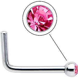 Body Candy Stainless Steel 1.57mm Pink Accent Micro L Shape Nose Stud Ring 20 Gauge