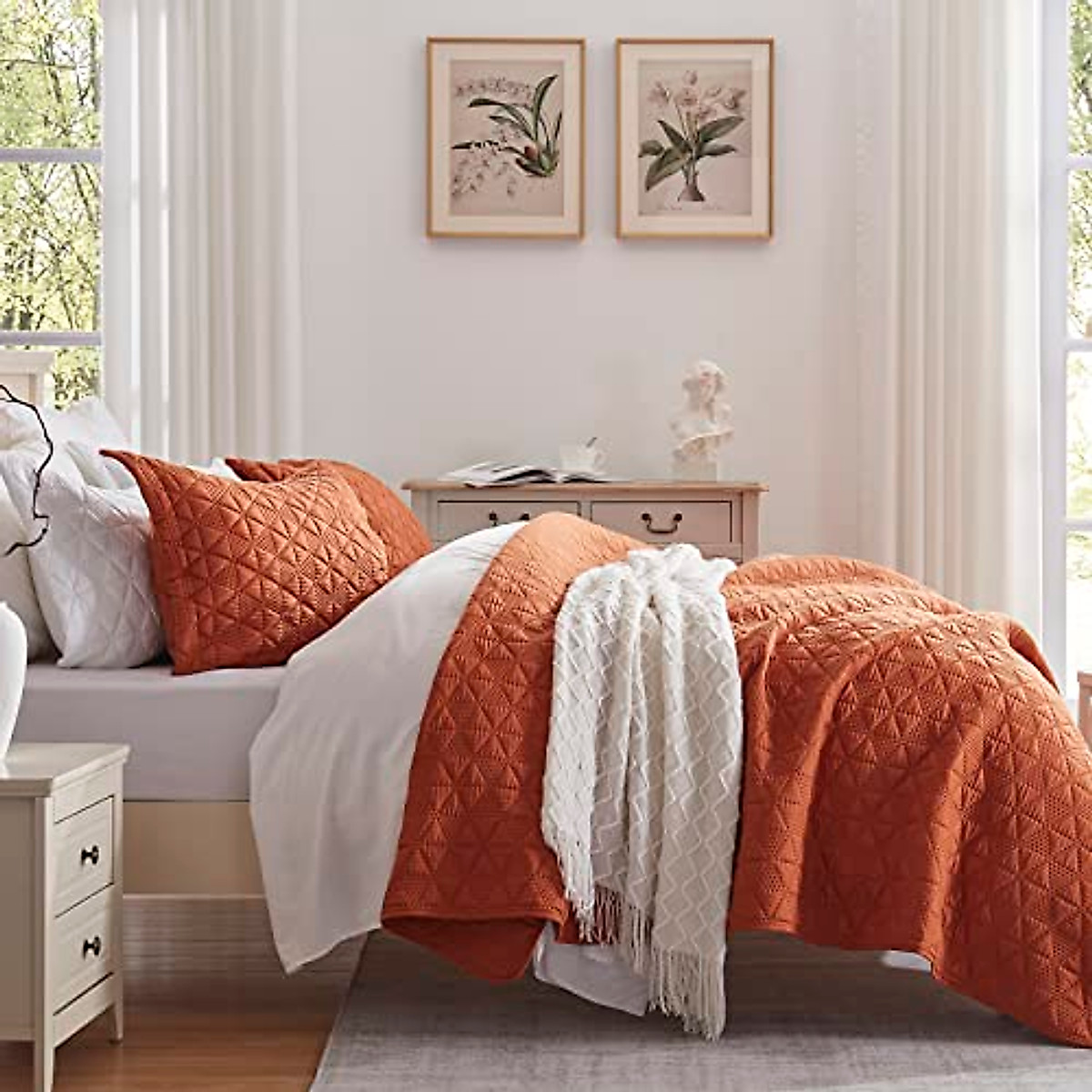Burnt Orange Queen Size Quilt Bedding Sets-3 Pieces, Lightweight Summer Bedspread/Coverlet-90''x98'', Luxurious Soft 3D Ultrasonic Microfiber Bed Quilt for All Seasons (Includes 1 Quilt,2 Shams)