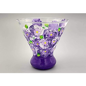 Purple Flower Hand Painted Martini Glass - Sparkly Purple, Pretty Flowers Stemless Cocktail Glass