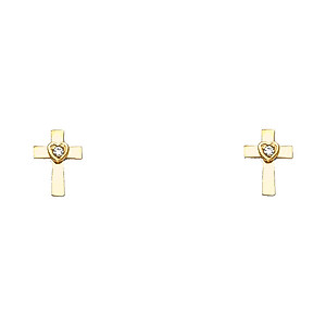 Wellingsale 14K Yellow Gold Polished Cross Heart Stud Earrings With Screw Back