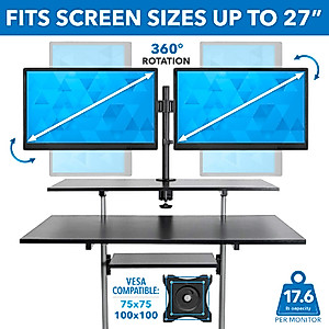 Mount-It! Mobile Standing Desk with Dual Monitor Mount - 40 Inch Wide Height Adjustable Rolling Computer Workstation with Four Wheels,