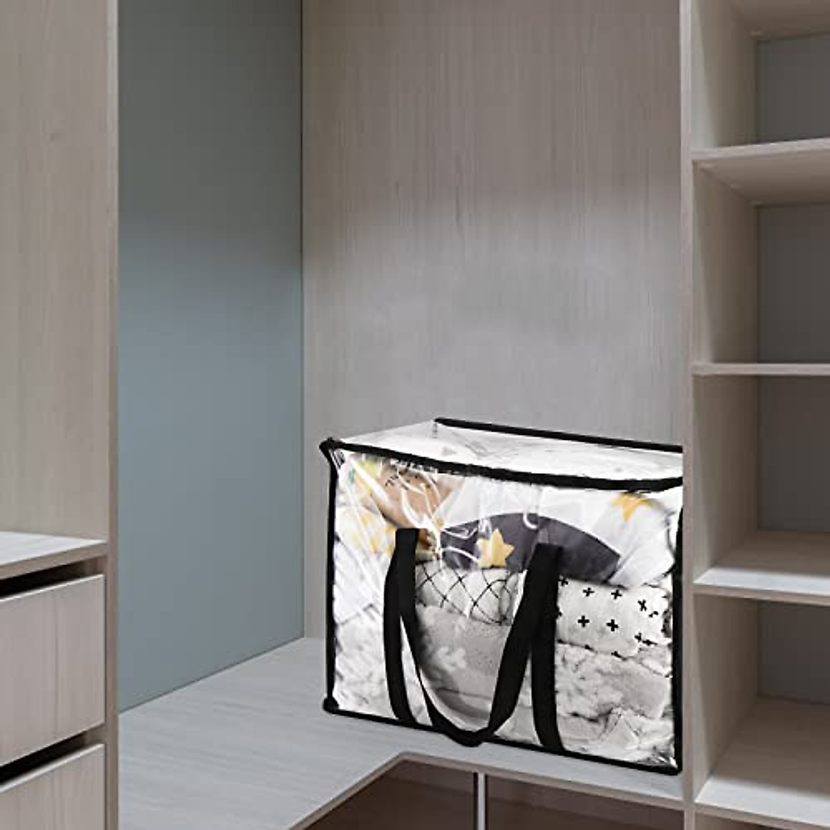 Fasmov 4 Pack Clear Clothes Storage Bag Organizer with Reinforced Handle, Closet Organizer Vinyl Bag for Bedding, Linen, Blankets, Duvet Covers, Comforters, Clothes & Toys