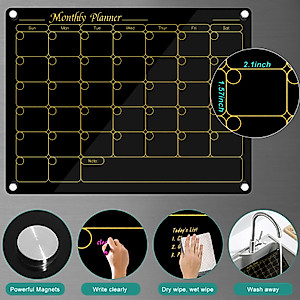Magnetic Acrylic Calendar for Fridge 2 Pcs, Black Acrylic Magnetic Calendar for Fridge Dry Erase Board16 x12 Black Dry Erase Calendar for Fridge,Monthly & Weekly Magnetic Calendar for Fridge Set