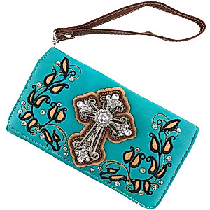Justin West Western Floral Rhinestone Side Pocket Cross Slim Handle Handbag Purse Tote and Strap Wallet (Turquoise Wallet Only)