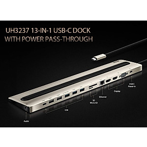 ATEN UH3237 USB-C Docking Station 13-in-1 USB C Dock for 13 Devices USB SD Micro SD with Power Pass-Through 85W PD 3.0 4K at 30Hz one HDMI or Dual Display Output at 60Hz Gold and Black Premium Design