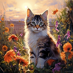Cat in Garden 5D Adult Diamond Art,DIY Diamond Art Painting Kit for Decor Canvas 11.7x15.7inch/30x40cm