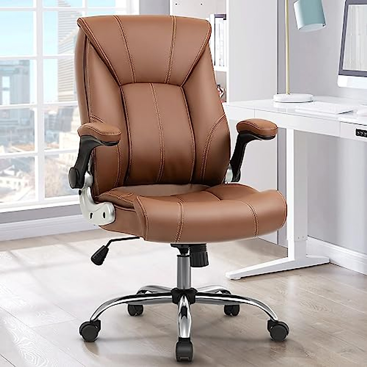 SEATZONE Executive Home Office Chair High Back PU Leather with Flip-up Armrests Adjustable Height and Lumbar Support, Comfortable Computer Chair for Adults, Red-Brown