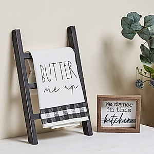 GenMous 3 Tiered Tea Towel Ladder with Cute Kitchen Sign for Farmhouse Kitchen Counter Decor, Rustic Torched Wood Hand Towel Stand, Hanging Bathroom Decorative Mini Ladder Kitchen Towel Rack Black