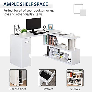 HOMCOM Rotating Computer Desk, 55" L-Shaped Desk, Corner Desk with Storage Shelves, Cabinet and Drawer for Home Office, White