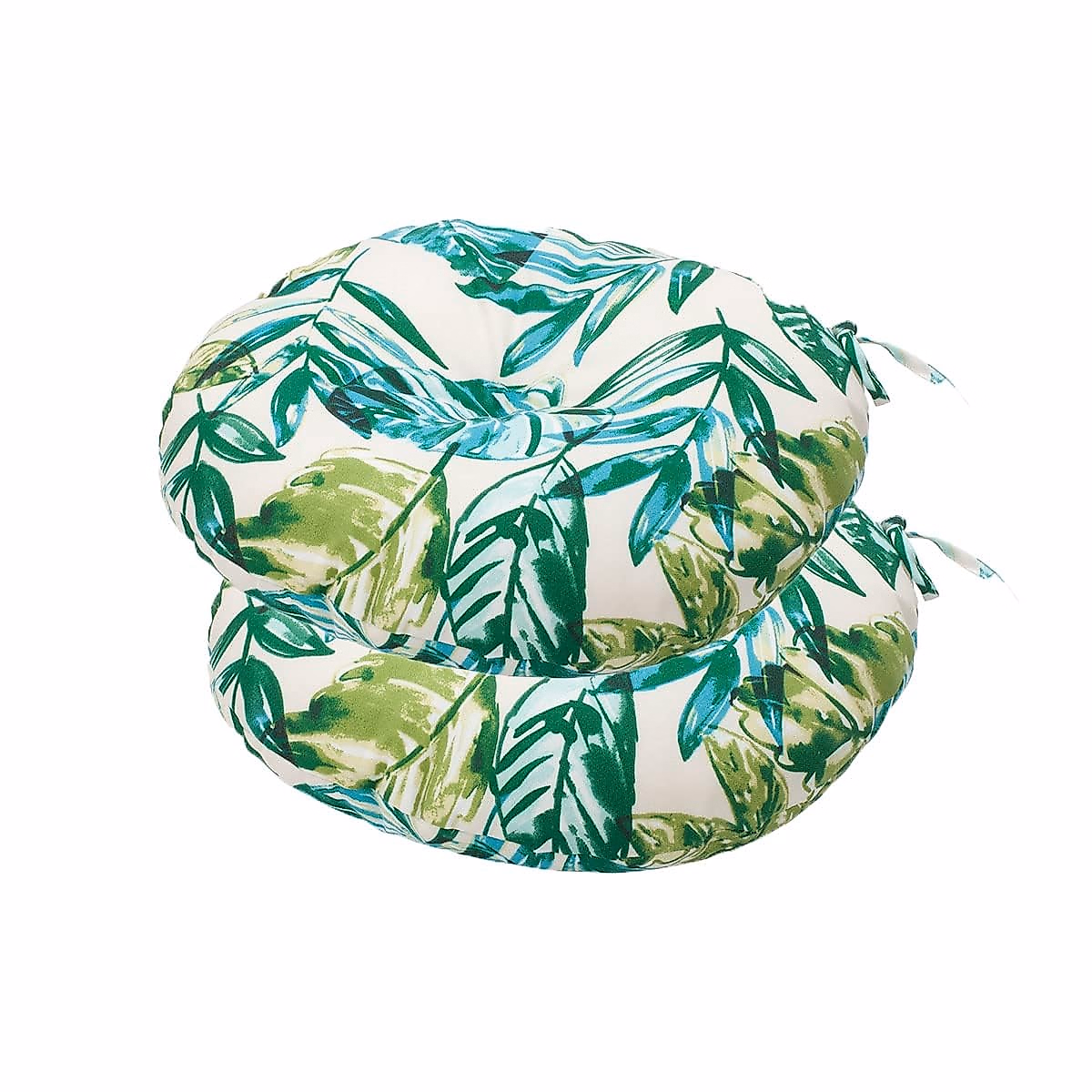 FUNHOME Bistro Chair Cushions 15 inch,Set of 2,Tufted Round Outdoor Chair Cushions 15"x15"x4",Waterproof Patio Seat Cushion with Ties for Barstool Garden Kitchen Furniture(Palm Leaf)