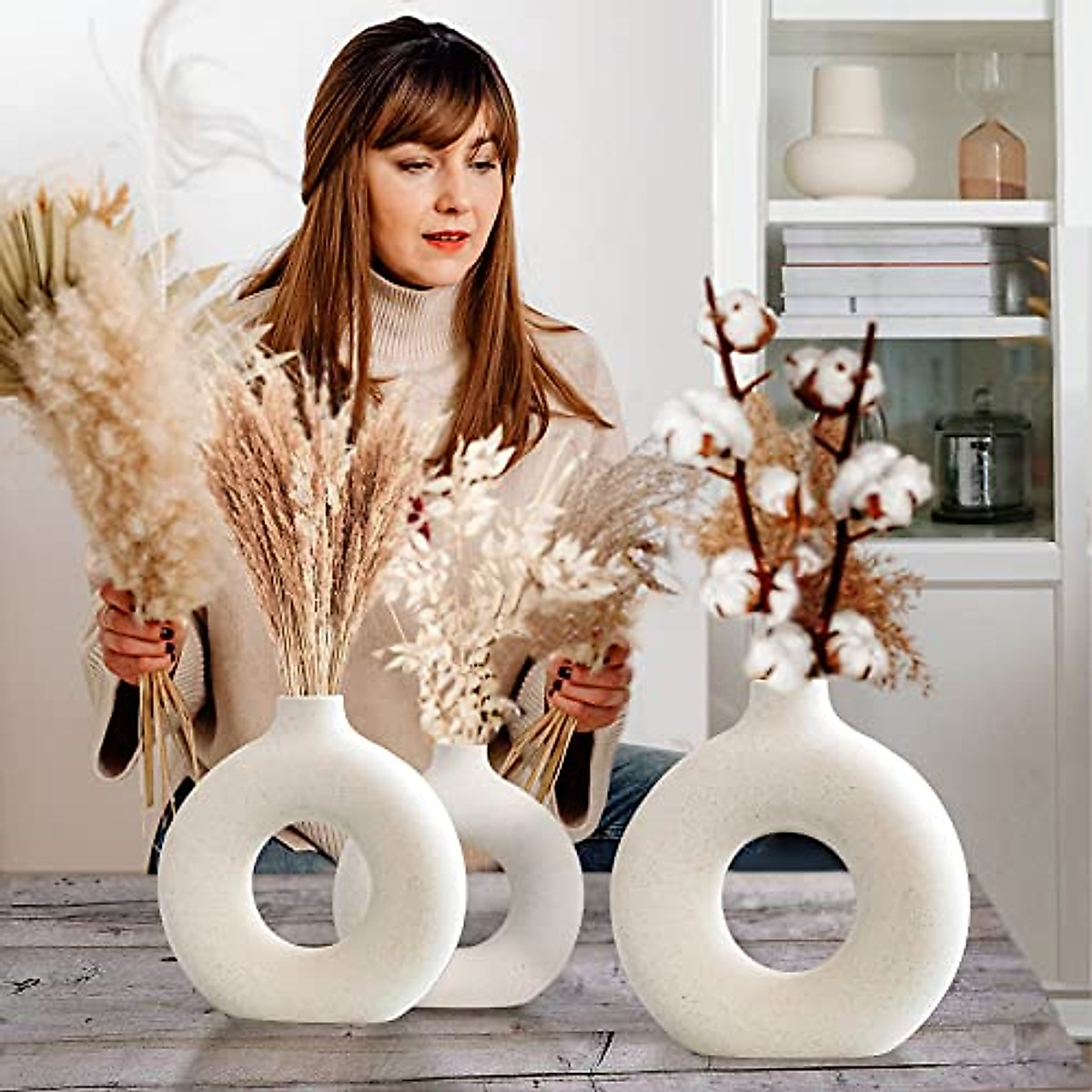 Ceramic Hollow Donut Vase Set of 3 for Pampas Grass | Neutral Modern Home Decor, Small Boho Minimalist Round White | Japandi Clay Beige Decorative for Bedroom, Living, Wedding, Office, Coffee Table