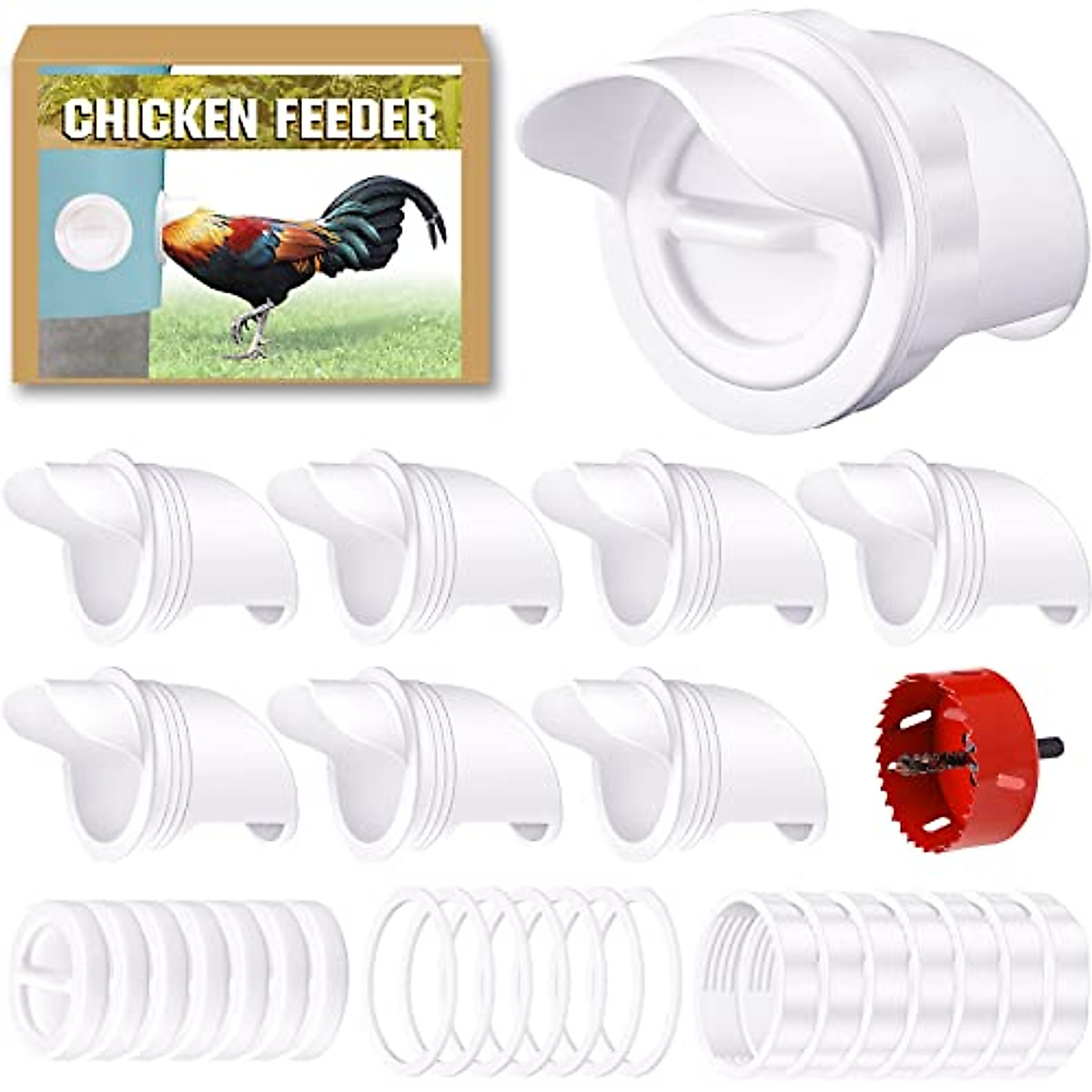 DIY No Waste Chicken Feeder Kit,8 Ports with Rodent Proof Covers,Automatic Poultry Feeder for Barrel Bucket Bin Tub,Feeding Chicken Ducks,BPA Free