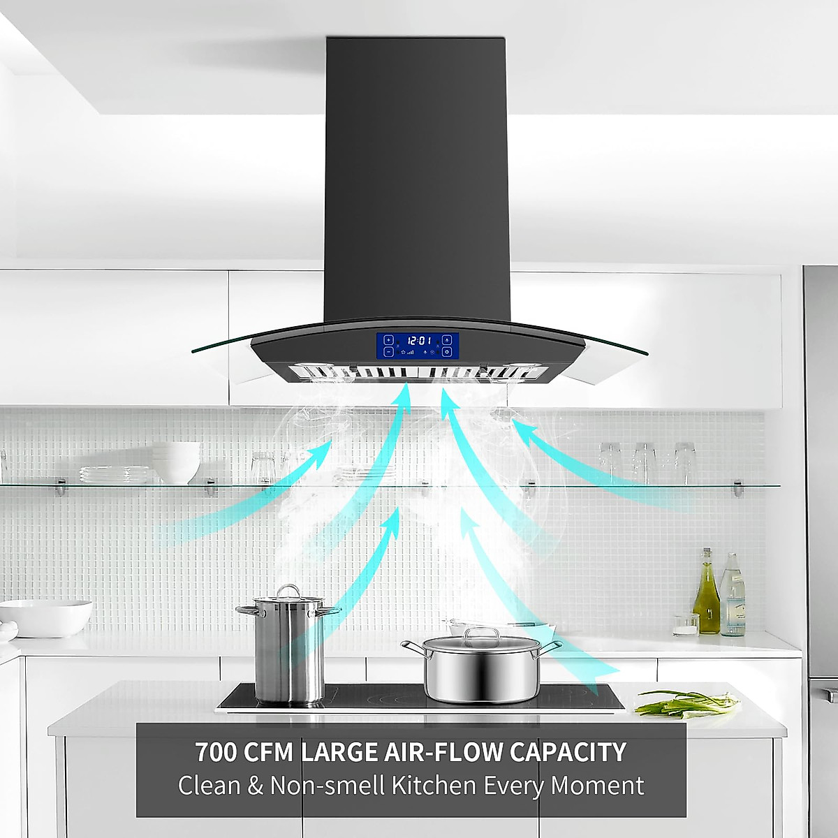 JOEAONZ 30 Inch Island Range Hood Black 700CFM, Gesture & Touch Panel Ceiling Mount Vent Hood, Stainless Steel Kitchen Exhaust Fan Convertible, Tempered Glass, LED lights, Permanent Baffle Filters